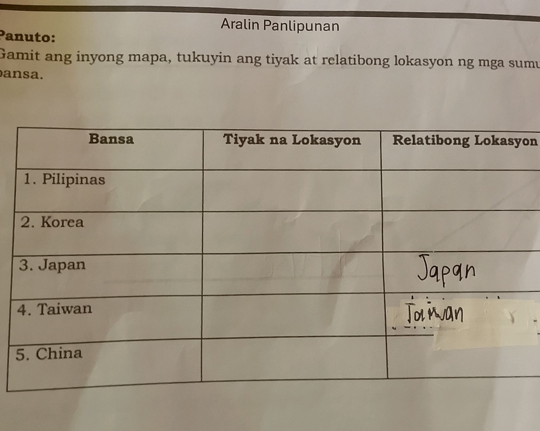 Panuto: Gamit ang inyong mapa, tukuyin ang | StudyX