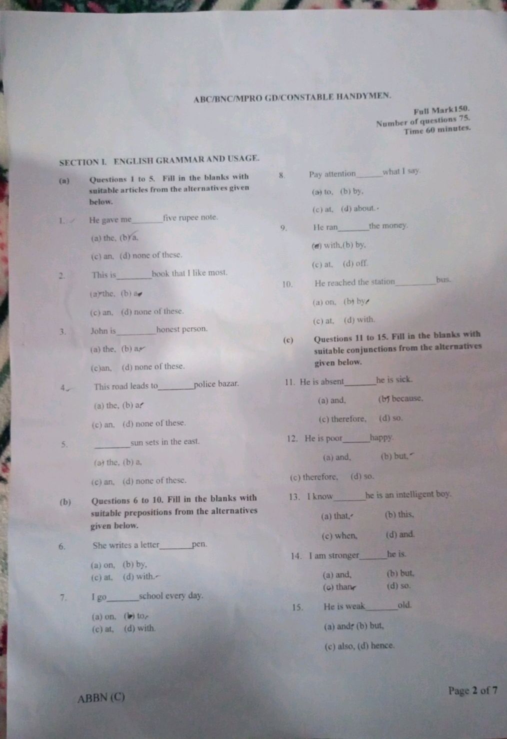 SECTION I. ENGLISH GRAMMAR AND USAGE. (a) | StudyX