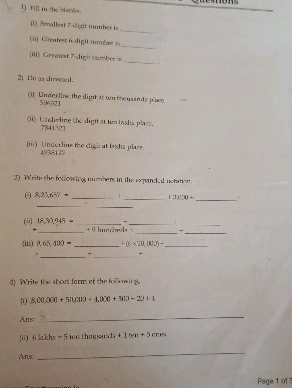 1) Fill in the blanks. (i) Smallest 7-digit | StudyX