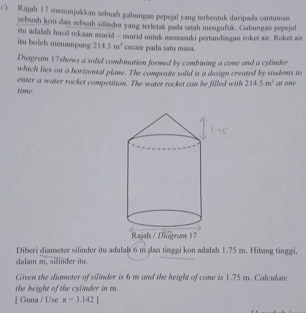 Given the diameter of silinder is 6 m and | StudyX