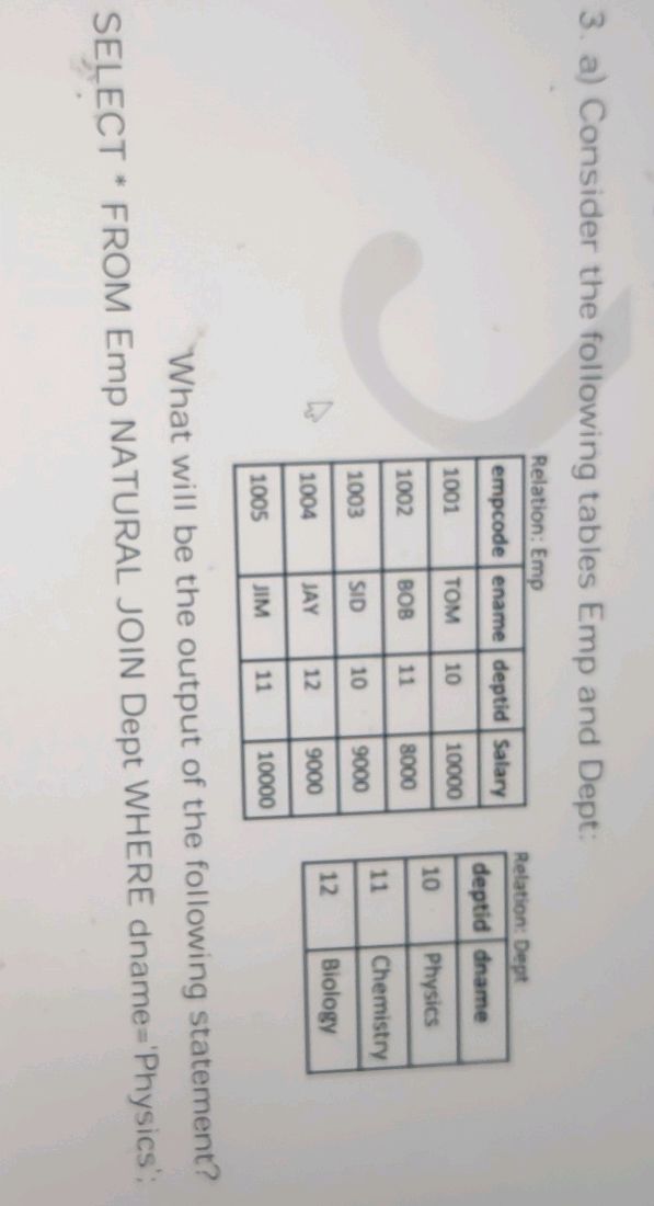 3. a) Consider the following tables Emp and | StudyX