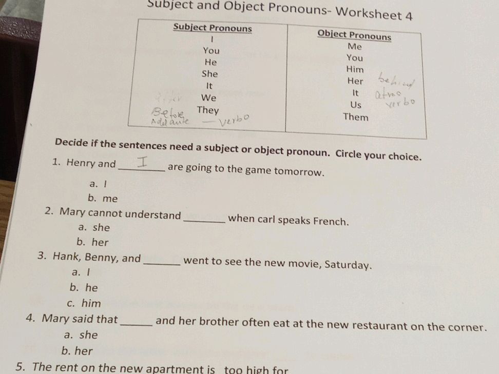 Subject and Object Pronouns- Worksheet 4 | | StudyX