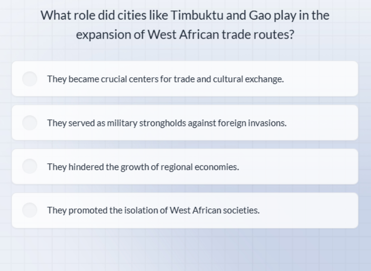What role did cities like Timbuktu and Gao | StudyX