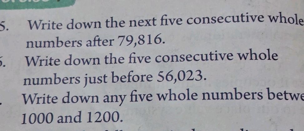Write down the next five consecutive whole