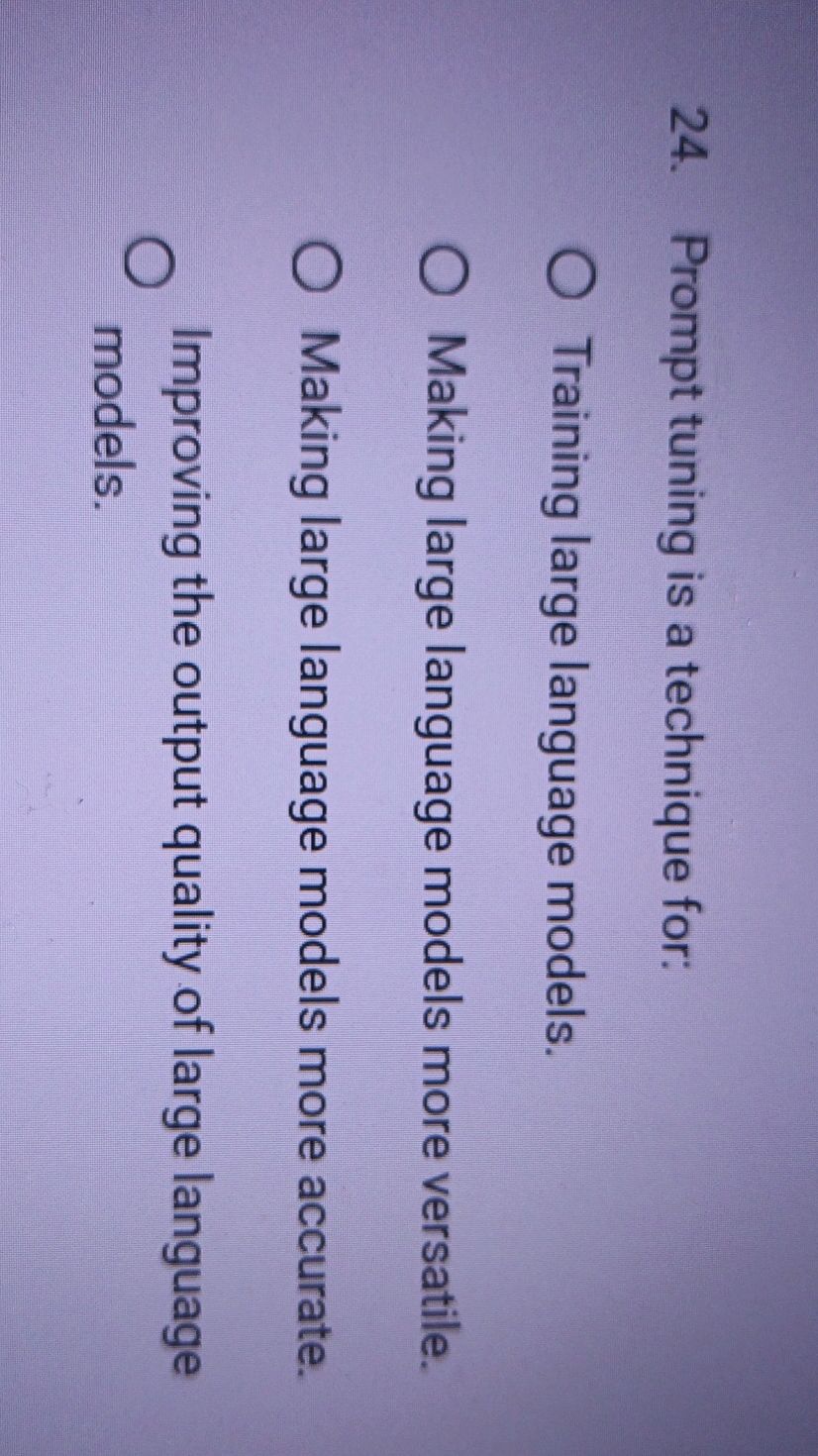 24. Prompt tuning is a technique for: O | StudyX