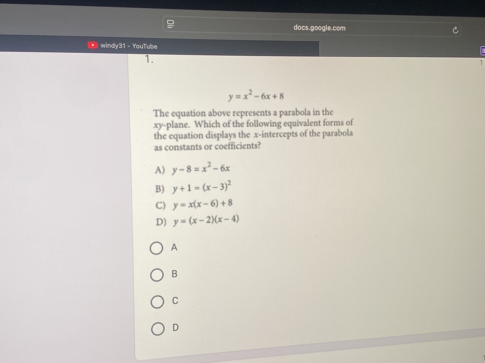 y = x^2 - 6x + 8 The equation above | StudyX