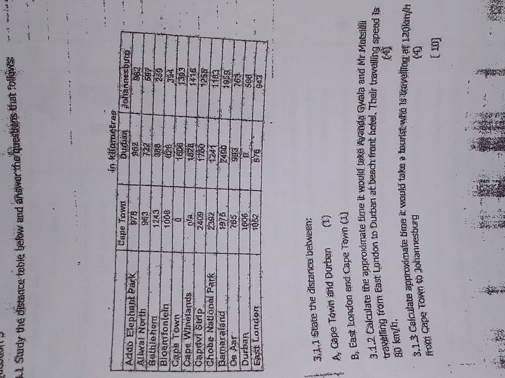3.1 Study the distance table below and | StudyX