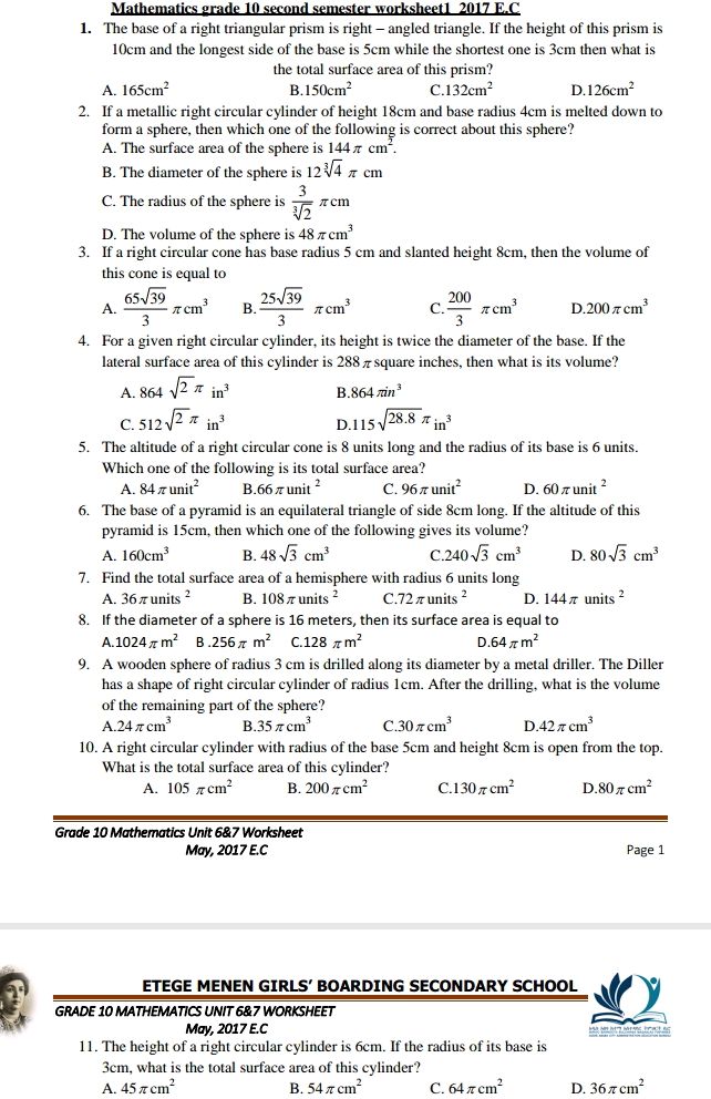 Mathematics grade 10 second semester | StudyX