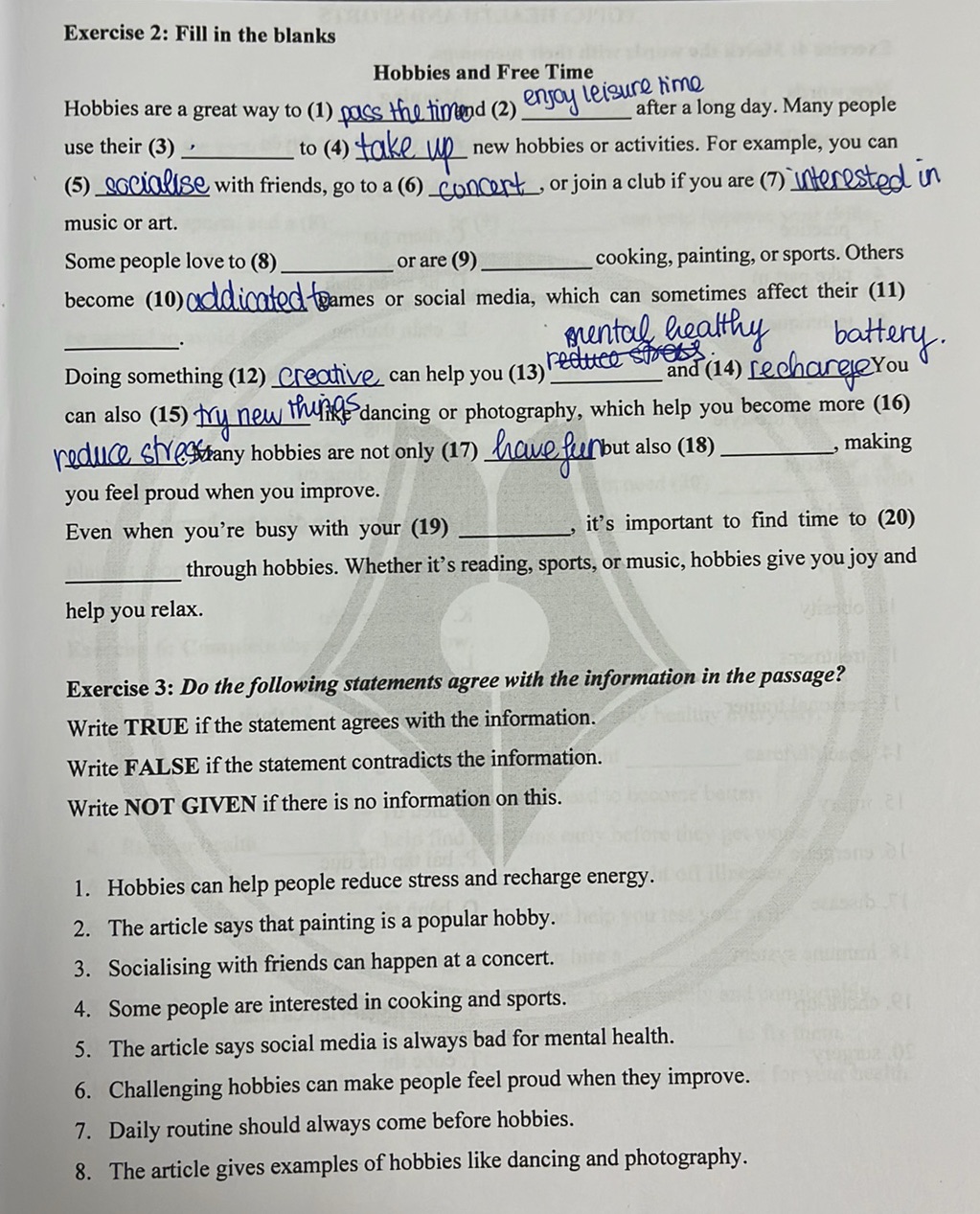 Exercise 2: Fill in the blanks Hobbies and | StudyX