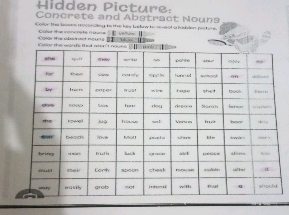 Hidden Picture: Concrete and Abstract Nouns | StudyX