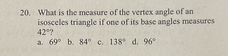 20. What is the measure of the vertex angle | StudyX