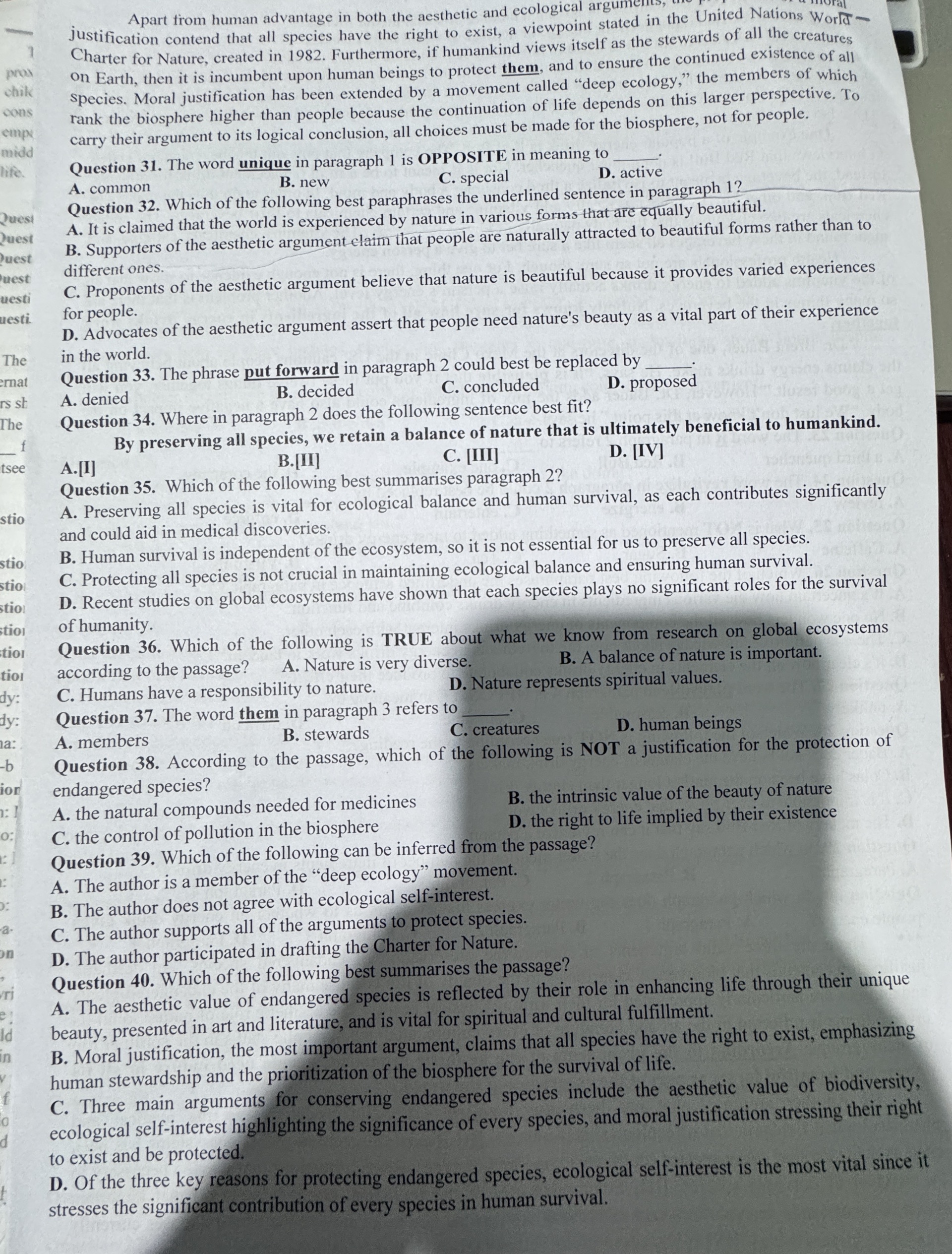 Question 31. The word unique in paragraph 1 | StudyX