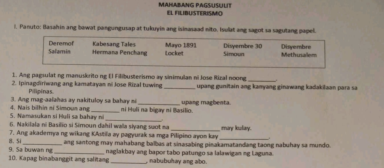 MAHABANG PAGSUSULIT EL FILIBUSTERISMO I | StudyX