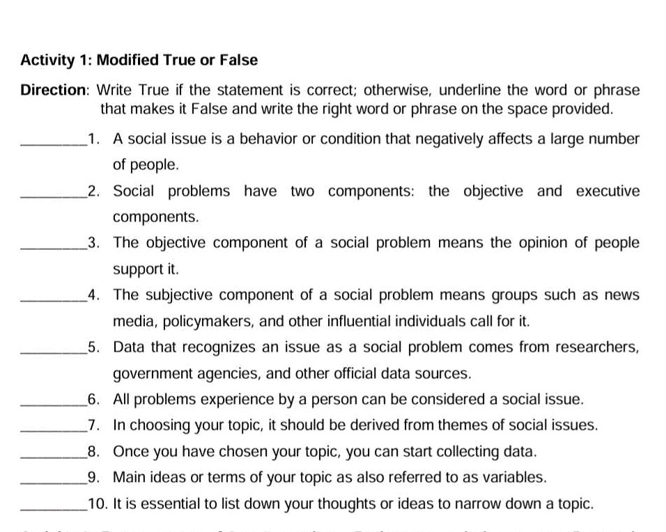 Activity 1 Modified True or False Direction | StudyX