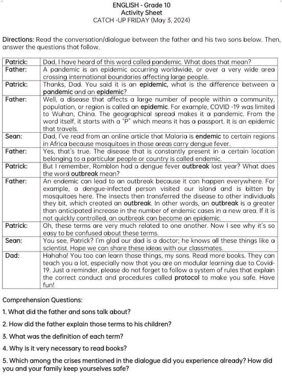 ENGLISH - Grade 10 Activity Sheet CATCH -UP | StudyX