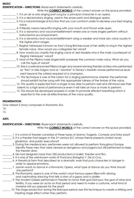 MUSIC IDENTIFICAIION - DIRECTIONS Read each | StudyX