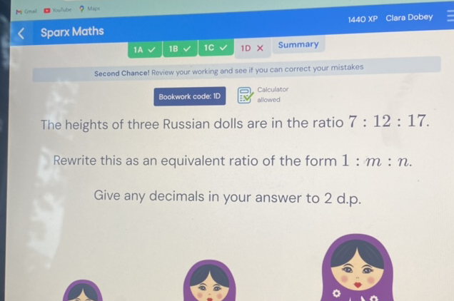 Sparx Maths 1440 XP Clara Dobey 1 A 1 B 1 C