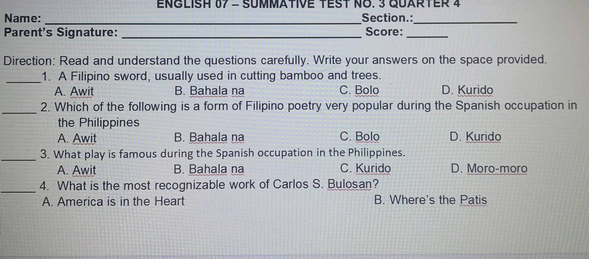 Name qquad Section qquad Parents Signature | StudyX