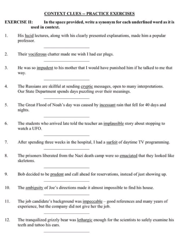 CONTEXT CLUES - PRACTICE EXERCISES EXERCISE | StudyX