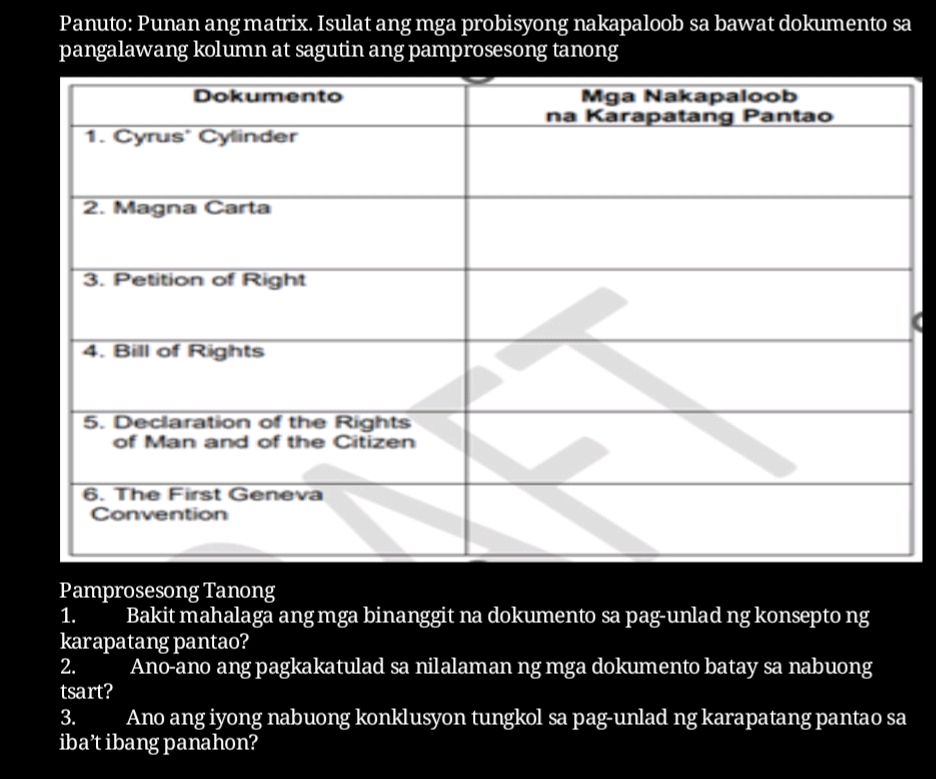 Panuto Punan ang matrix Isulat ang mga | StudyX