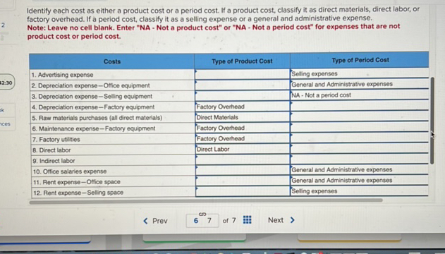 Identify each cost as either a product cost | StudyX