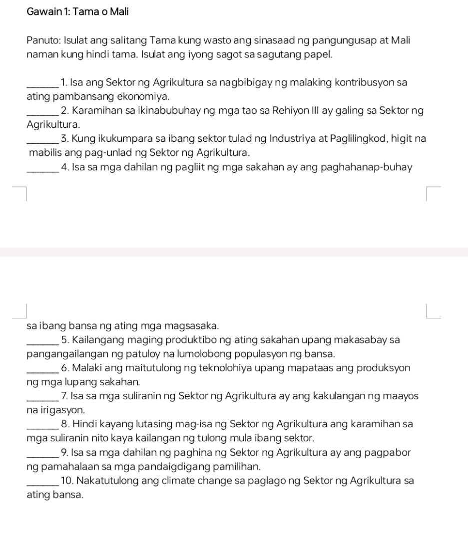 Gawain 1 Tama o Mali Panuto Isulat ang | StudyX