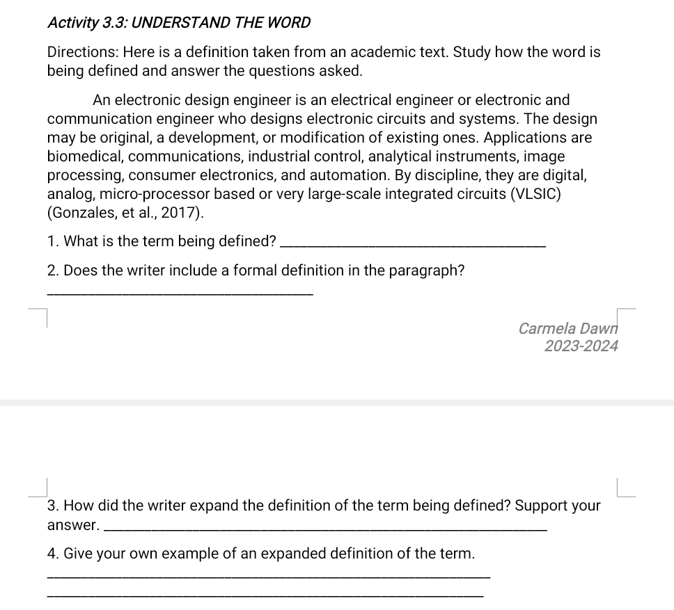 Activity 33 UNDERSTAND THE WORD Directions | StudyX