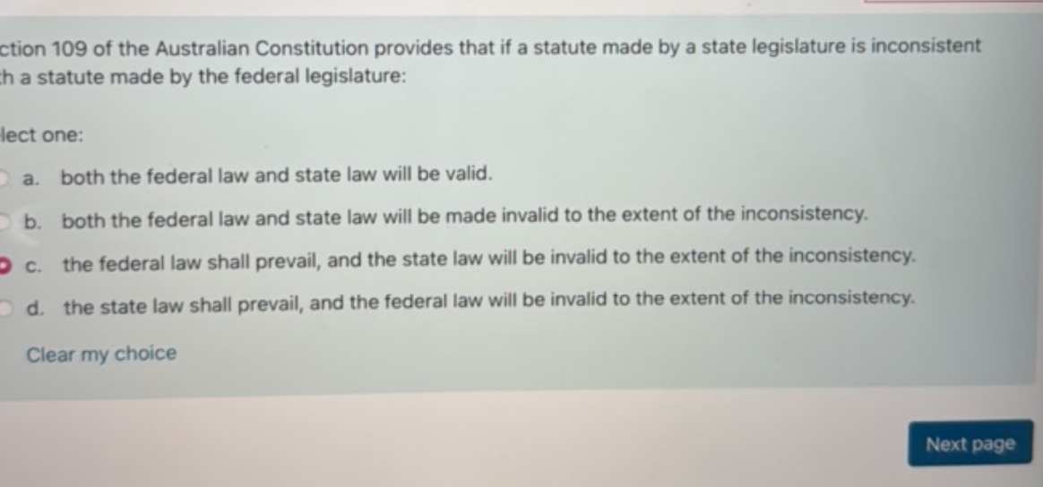ction 109 of the Australian Constitution | StudyX