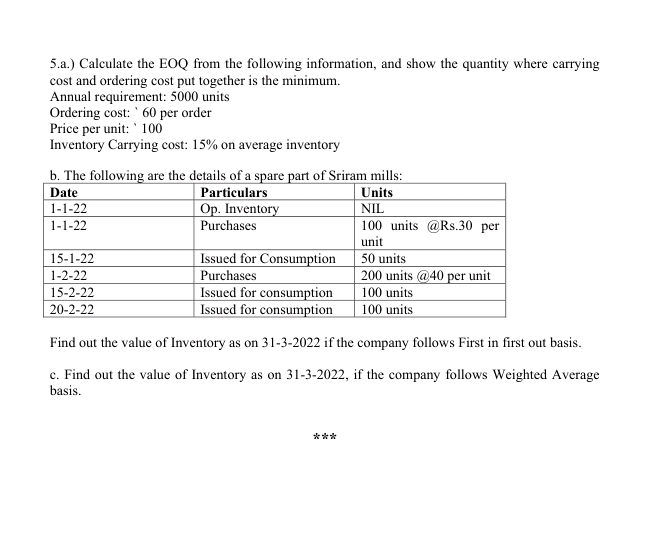 5a) Calculate the EOQ from the following | StudyX