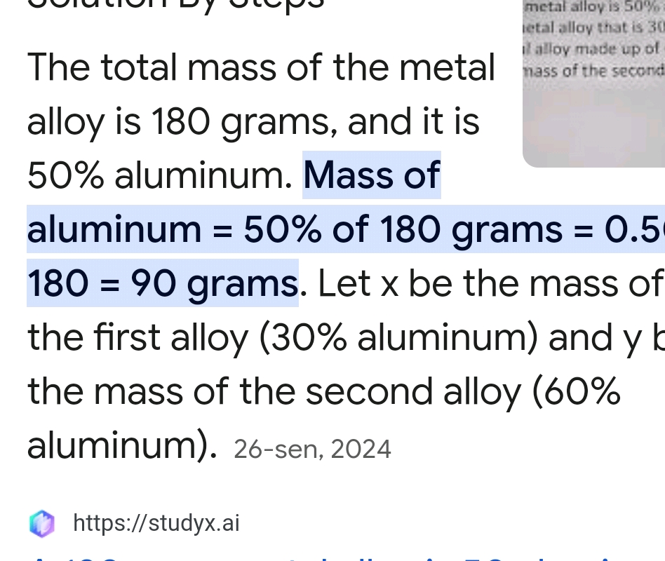 The total mass of the metal alloy is 180