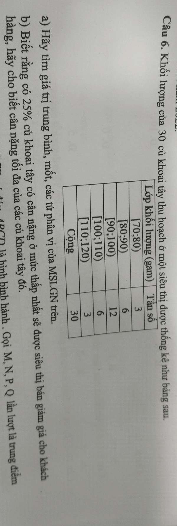 Cu 6 Khi lng ca 30 c khoai ty thu hoch mt | StudyX