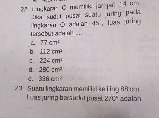 22 Lingkaran O memiliki jari-jari 14 cm Jika | StudyX