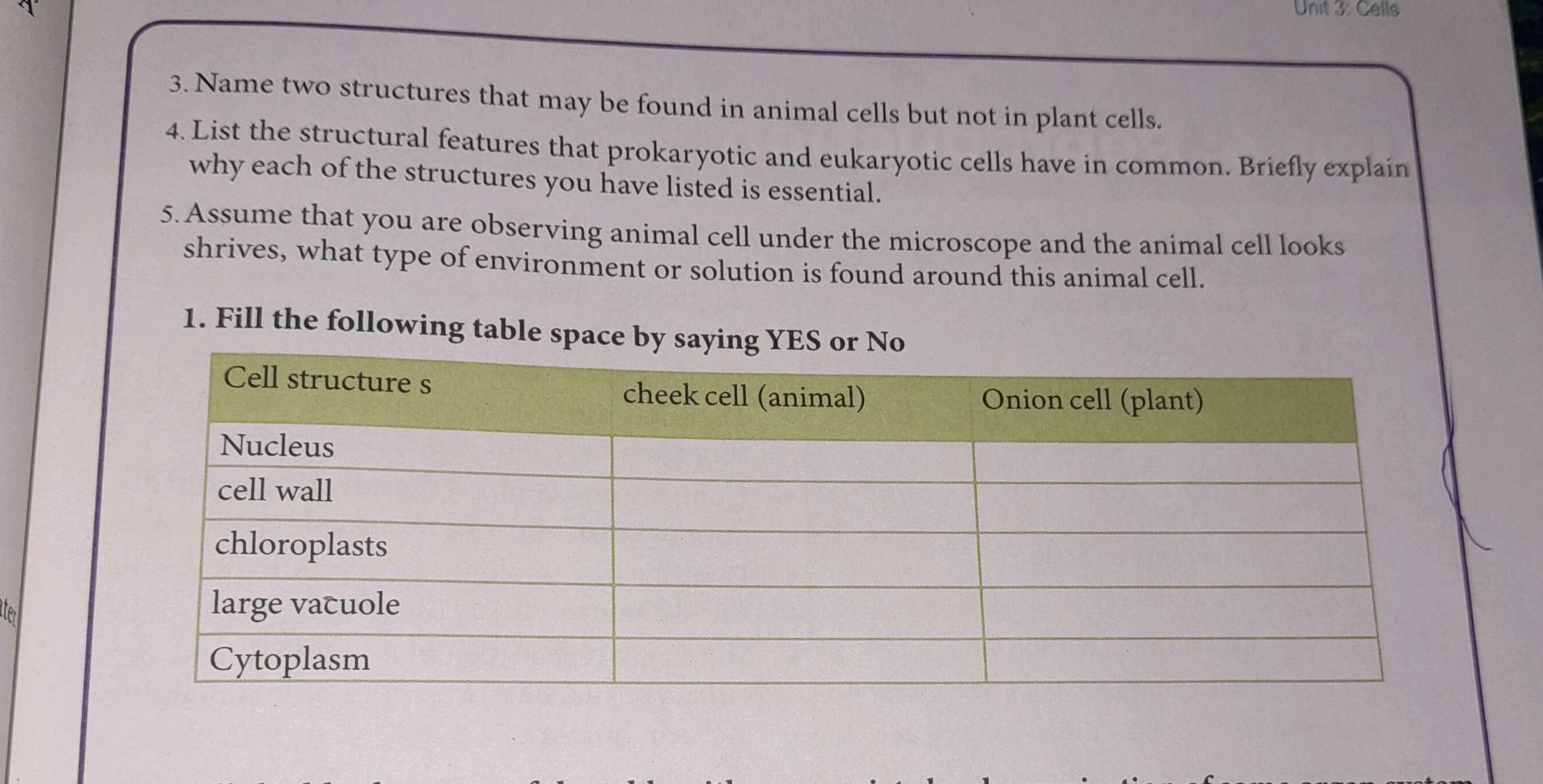 1 Fill the following table space by saying YES or No Cell structure s ...