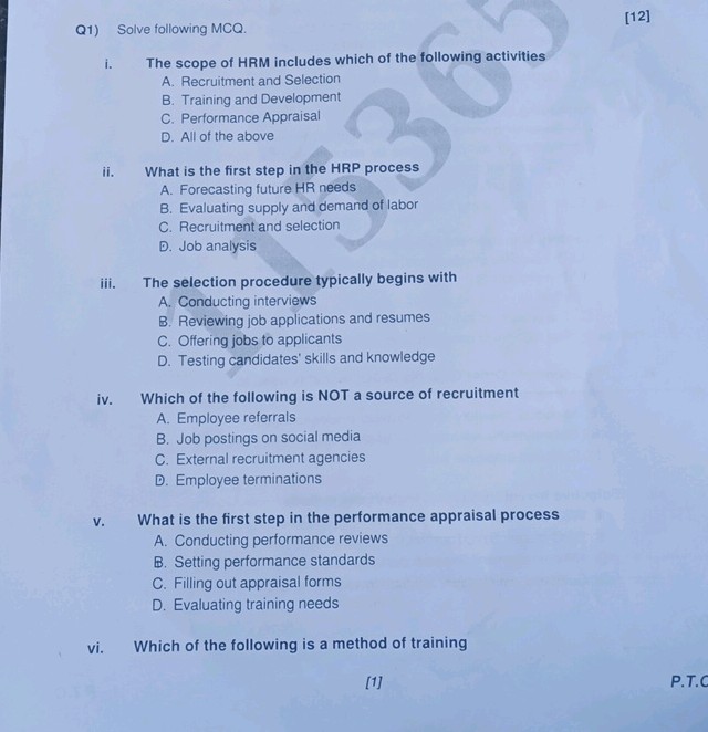 Q1) Solve following MCQ i The scope of HRM | StudyX