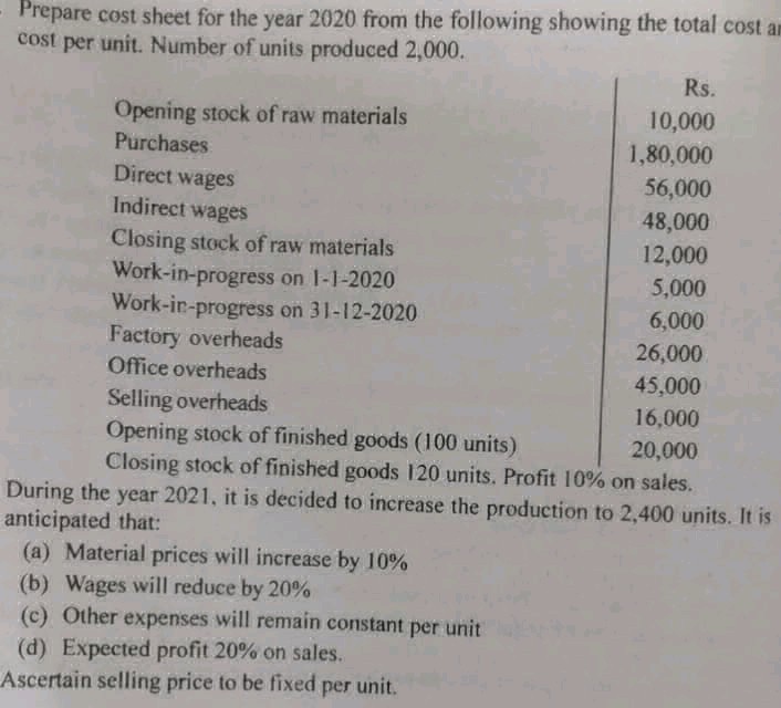 Prepare cost sheet for the year 2020 from | StudyX
