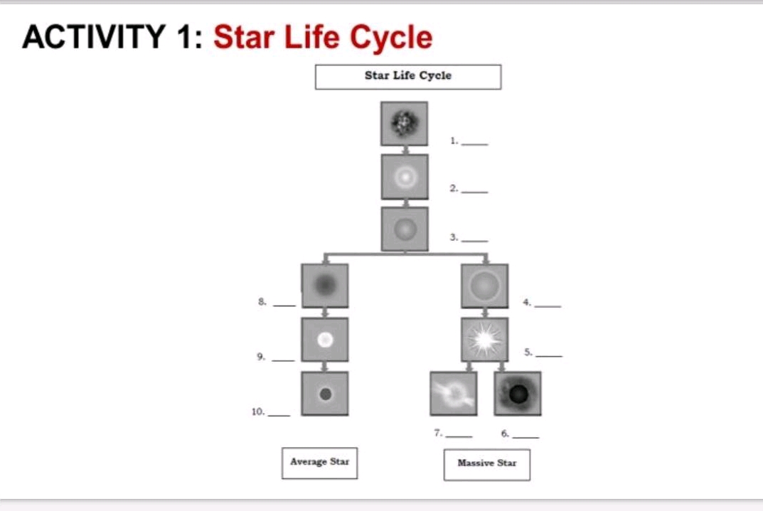Star Life Cycle 1 2 3 8 9 10 Average Star Massive Star 4 5 7 6