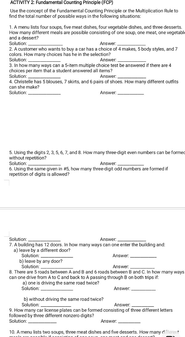 ACTIVITY 2 Fundamental Counting Principle | StudyX