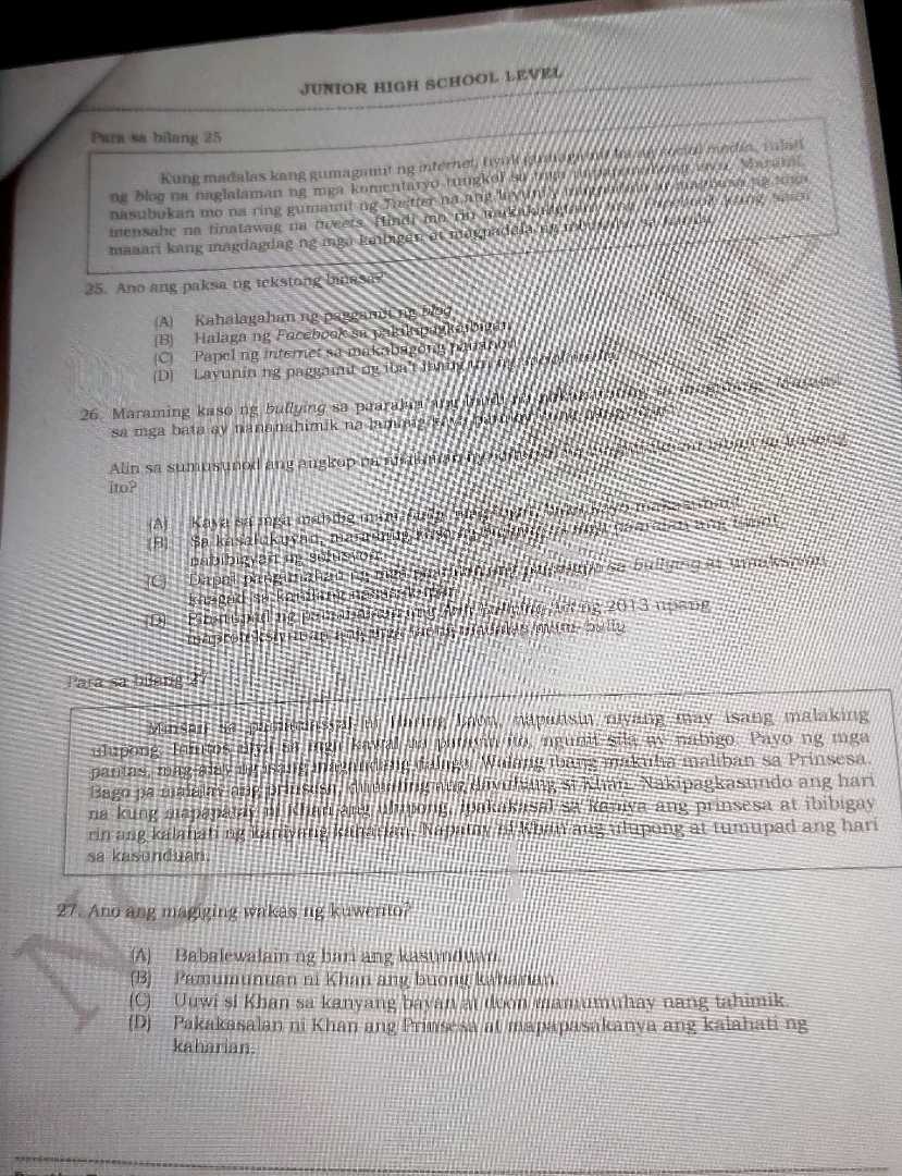 25 Ano ang paksa ng tekstong binasa (A) | StudyX