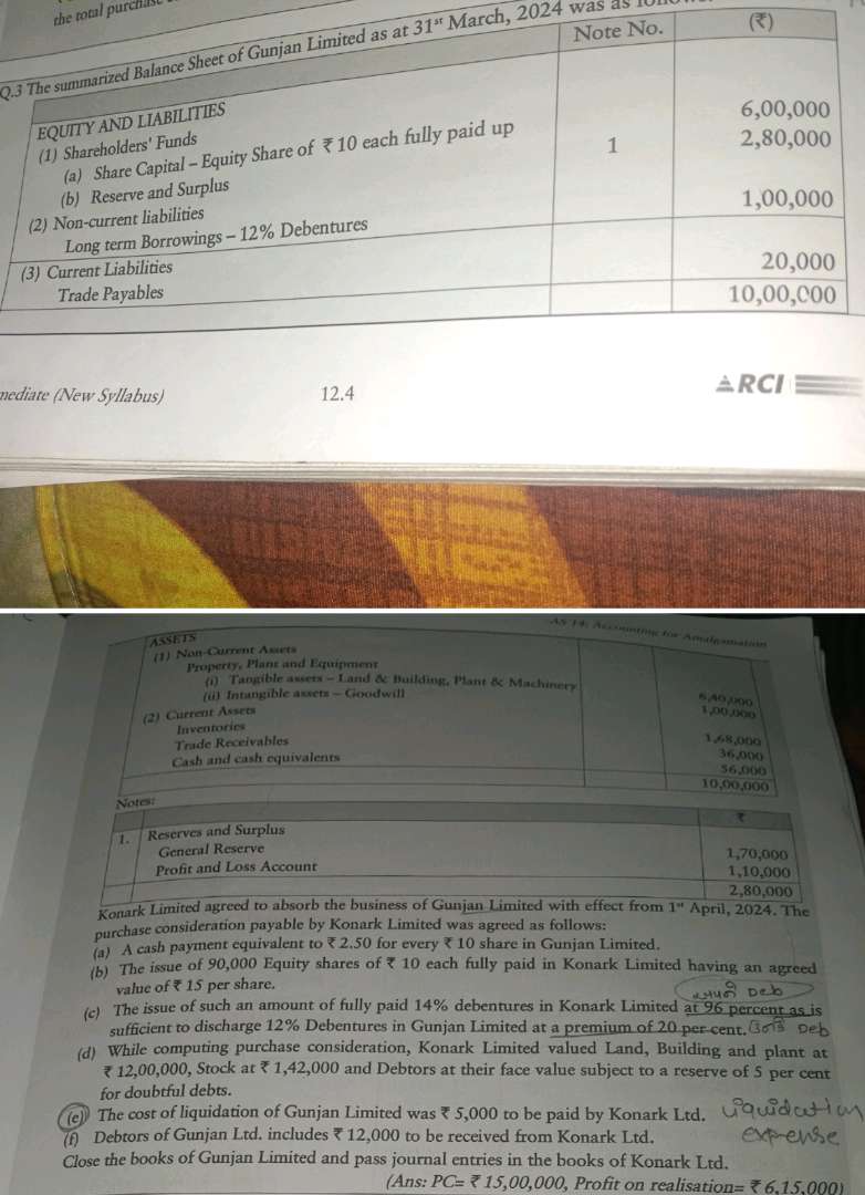 Q3 The summarized Balance Sheet of Gunjan | StudyX