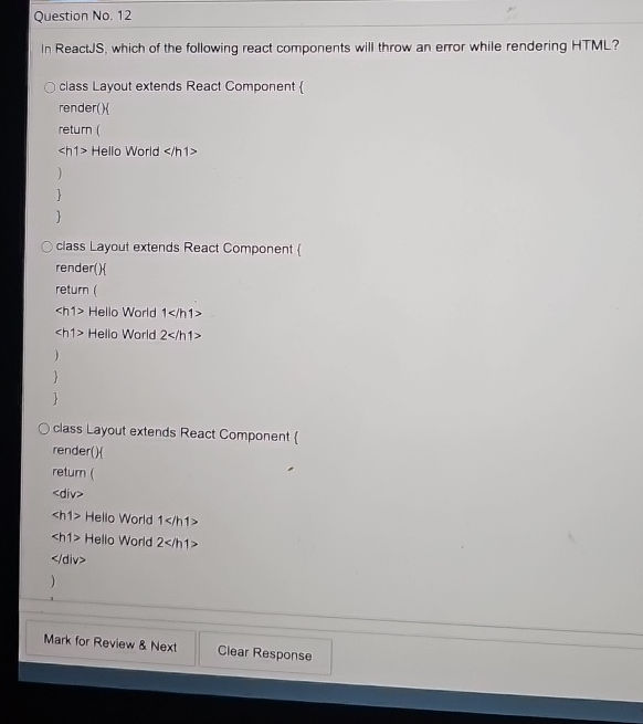 Question No 12 In ReactJS which of the | StudyX