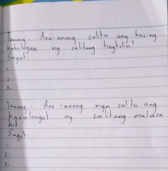 Tanong Ano-anong salita ang kasingkahulugan | StudyX