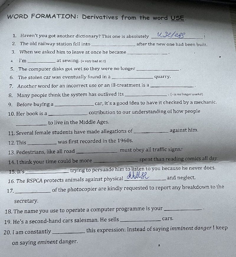 WORD FORMATION Derivatives from the word USE