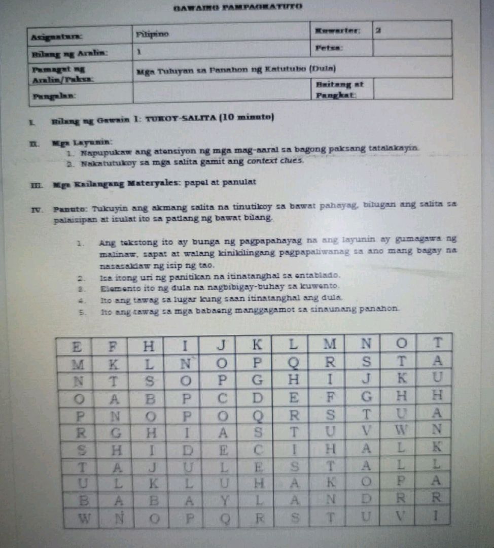 Asignatura Pilipino Kuwarter 2 Petsa Bilang | StudyX