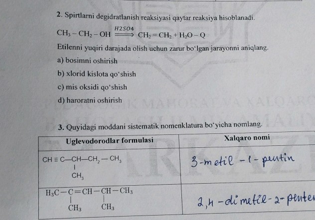 2 Spirtlarni degidratlanish reaksiyasi | StudyX