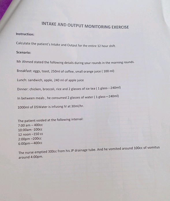Instruction Calculate the patients Intake | StudyX