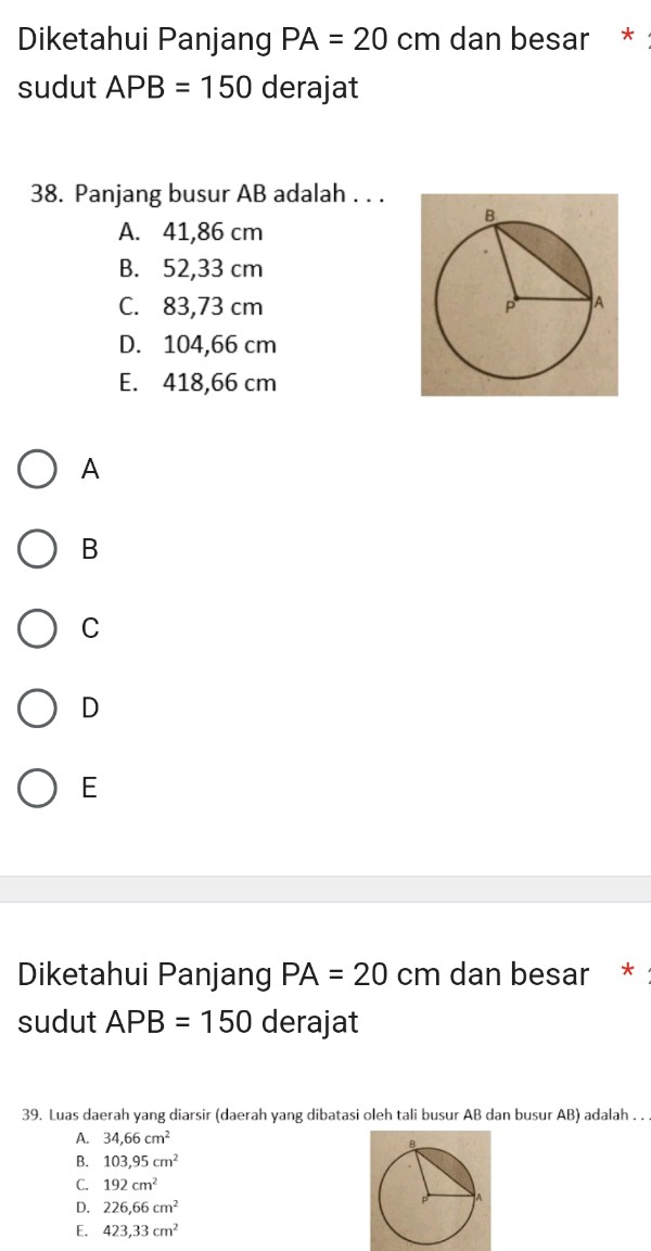Diketahui Panjang PA = 20 cm dan besar sudut | StudyX