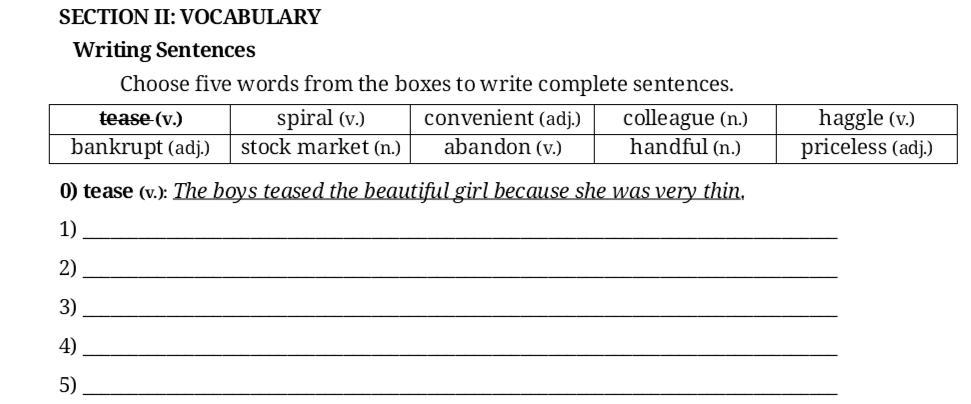 SECTION II VOCABULARY Writing Sentences | StudyX