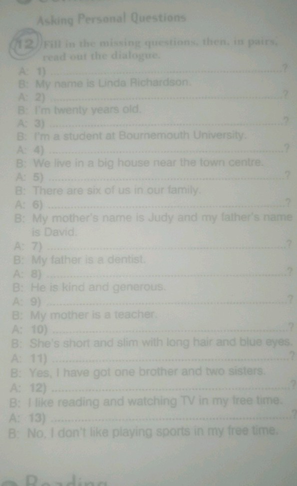 Asking Personal Questions 12 Fill in the | StudyX