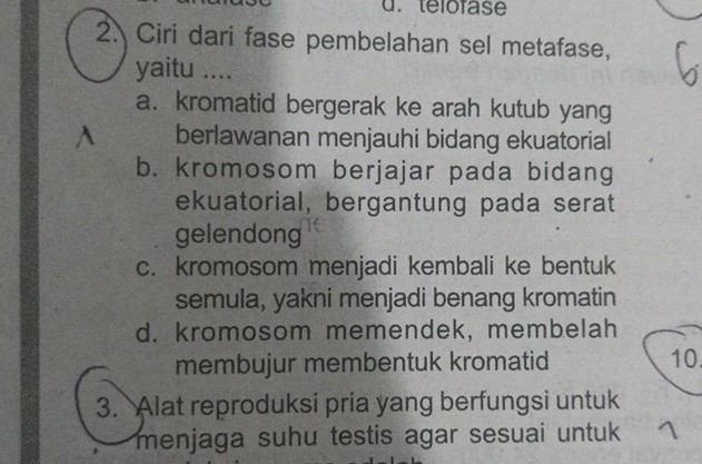 2 Ciri dari fase pembelahan sel metafase | StudyX