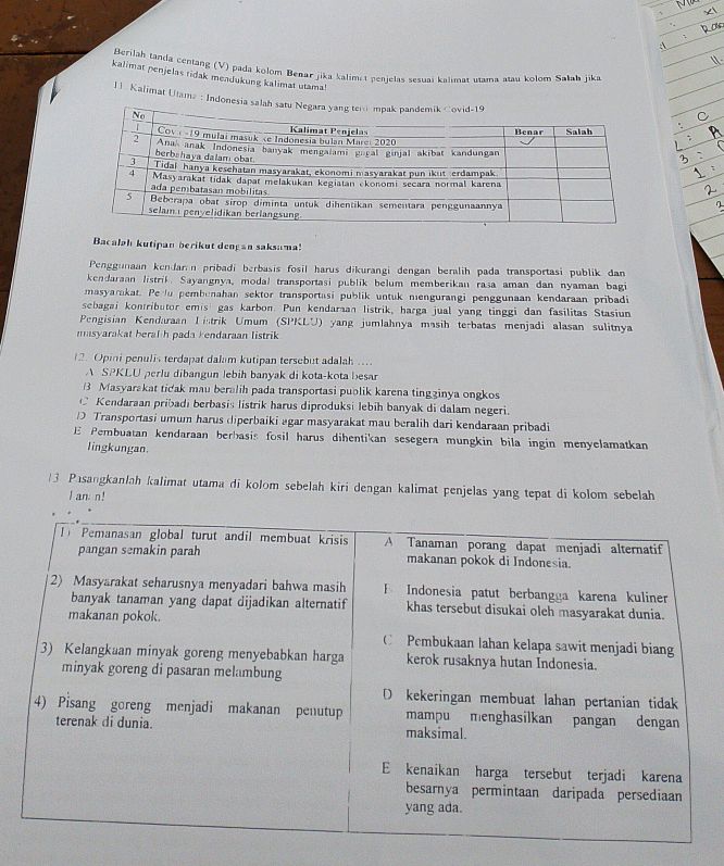 Berilah tanda centang (V) pada kolom Benar | StudyX